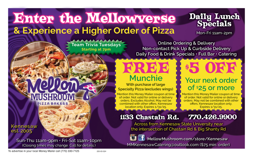 Mellow Mushroom KSU Coupon Promo Kennesaw GA Money Mailer